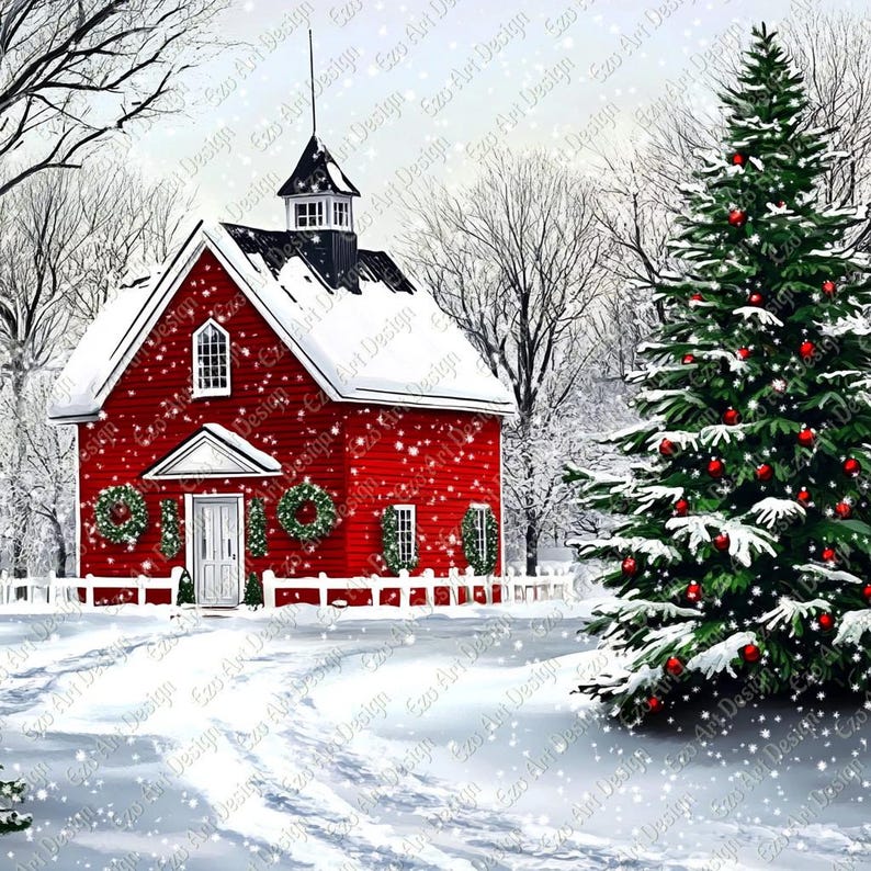 Red Winter Village Clipart, Snowy Holiday Town, AI Art (digital ...