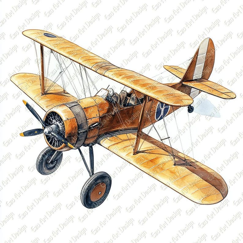 Watercolor Vintage Biplane Clipart, Retro Aviation Art (digital ...