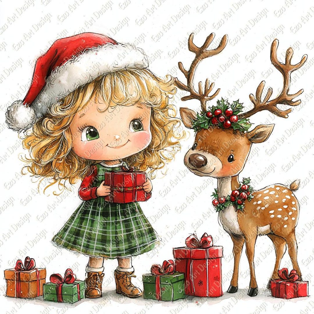 Reindeer and Girl Clipart, 10 High Quality JPG, Cute Deer, Cute Girl ...