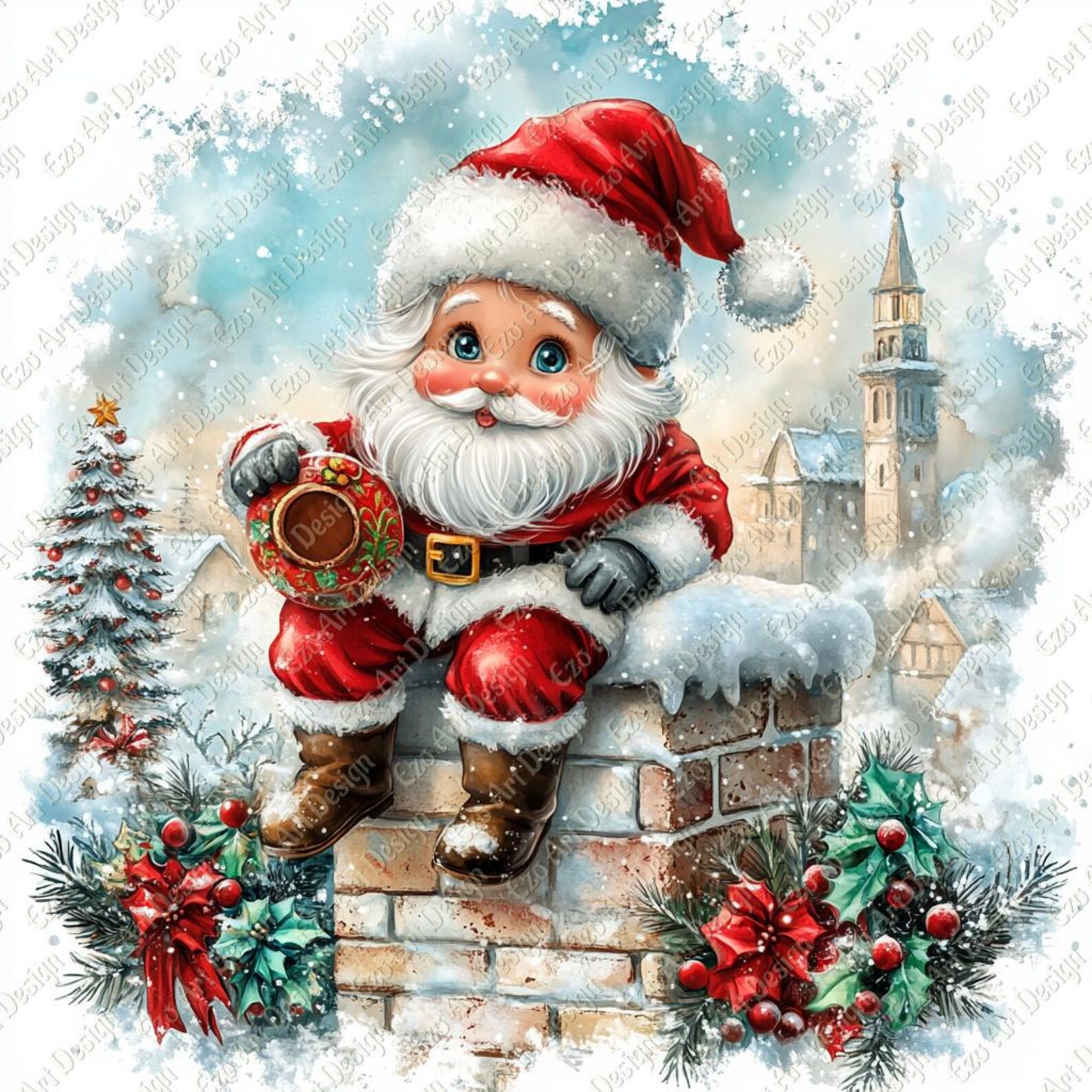 Cartoon Santa Clipart, Santa's Deer Ride, Jolly Christmas Art (digital ...