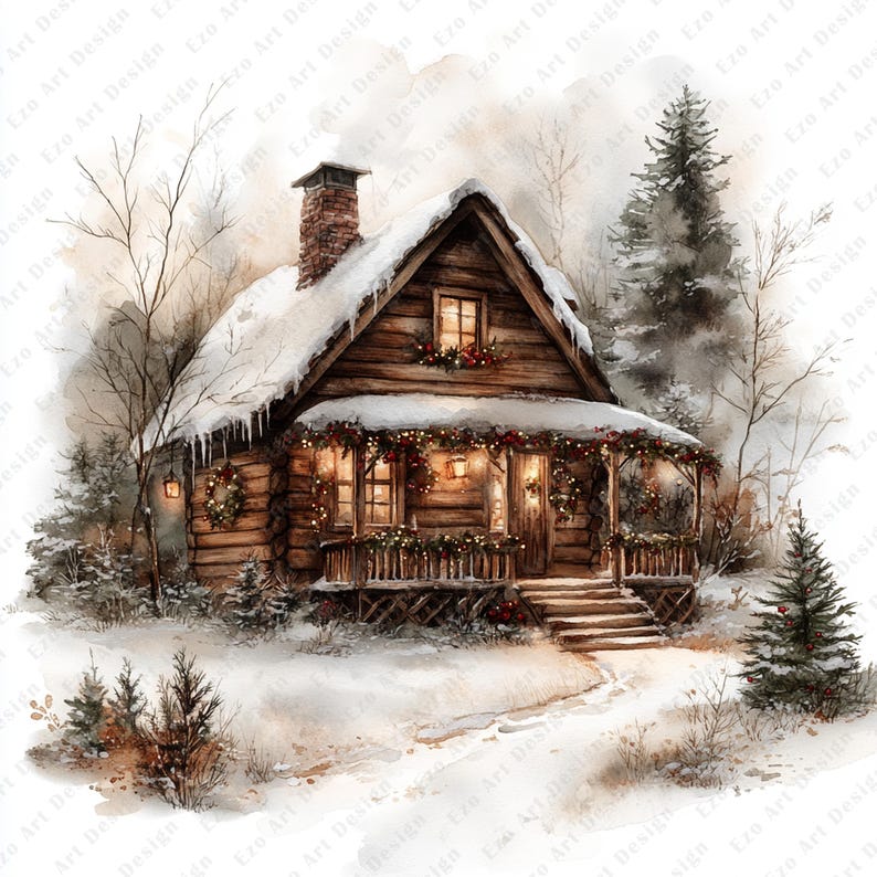 Winter Cottage Clipart, 12 JPG, Digital Download, Printable Christmas ...