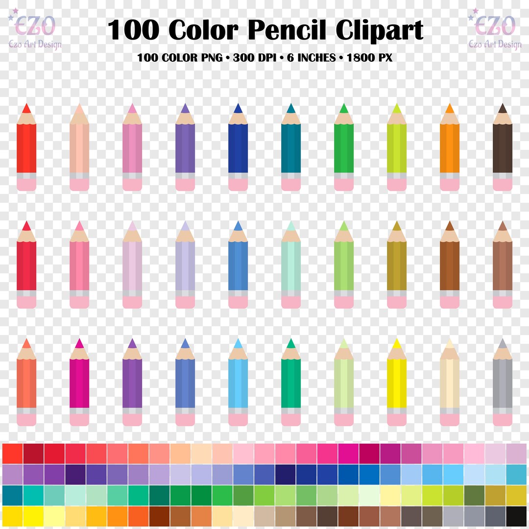 100 Color Pencil Clipart Set, PNG Illustration, PNG Clipart, Planner ...