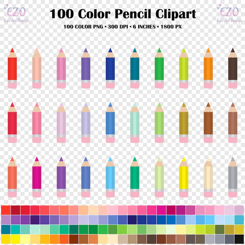100 Color Pencil Clipart Set, PNG Illustration, PNG Clipart, Planner ...