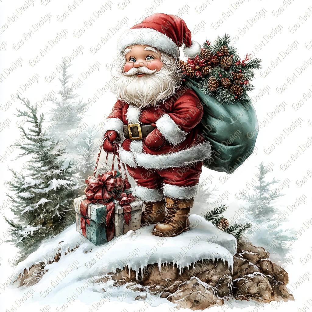 Cartoon Santa Clipart, Santa's Deer Ride, Jolly Christmas Art (digital ...
