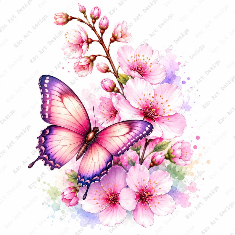 Butterfly Flower Clipart, Pink Cherry Blossom Spring Design, Watercolor ...