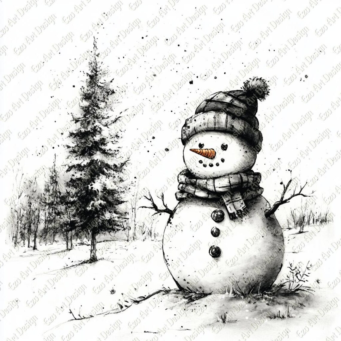 Sketch Snowman Clipart, Xmas Tree, Forest Scene (digital Download) - Etsy