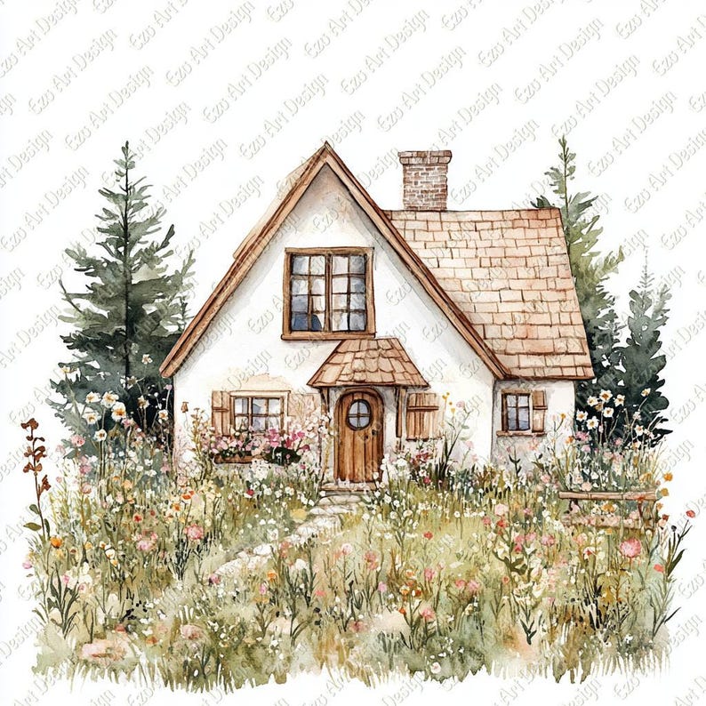Watercolor Cottage House Clipart, Wildflower Garden, Fairytale Dwelling ...
