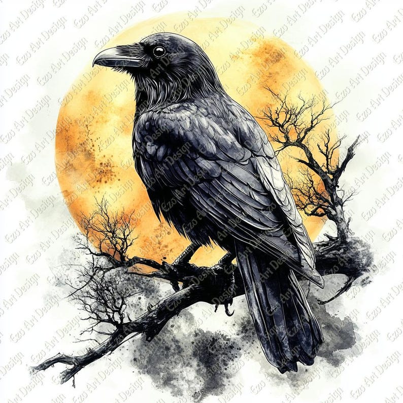 Raven Moon Clipart, Spooky Halloween Night Scene, Mystical AI Artwork ...