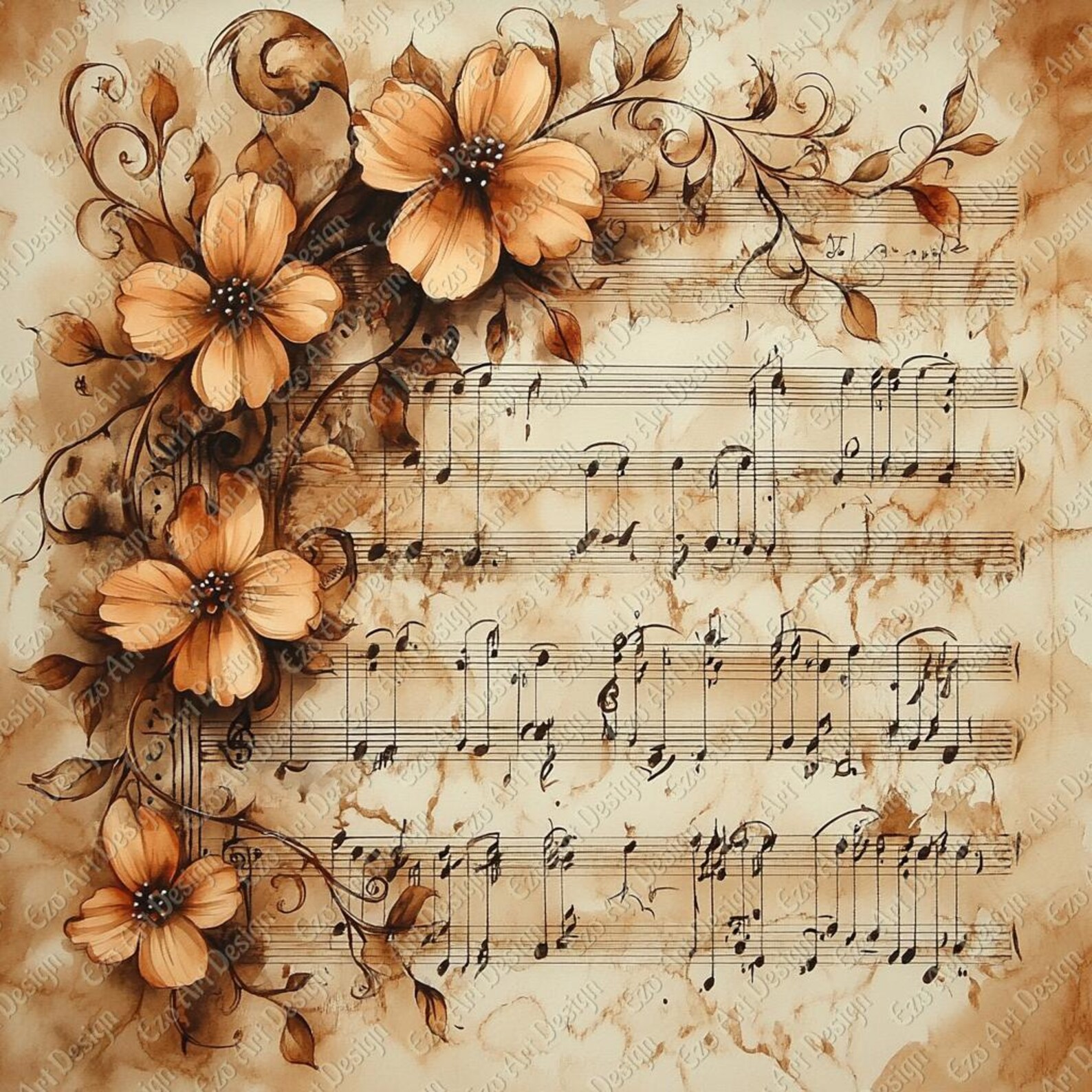 Vintage Floral Musical Notes Clipart, Melody Garden (digital Download ...