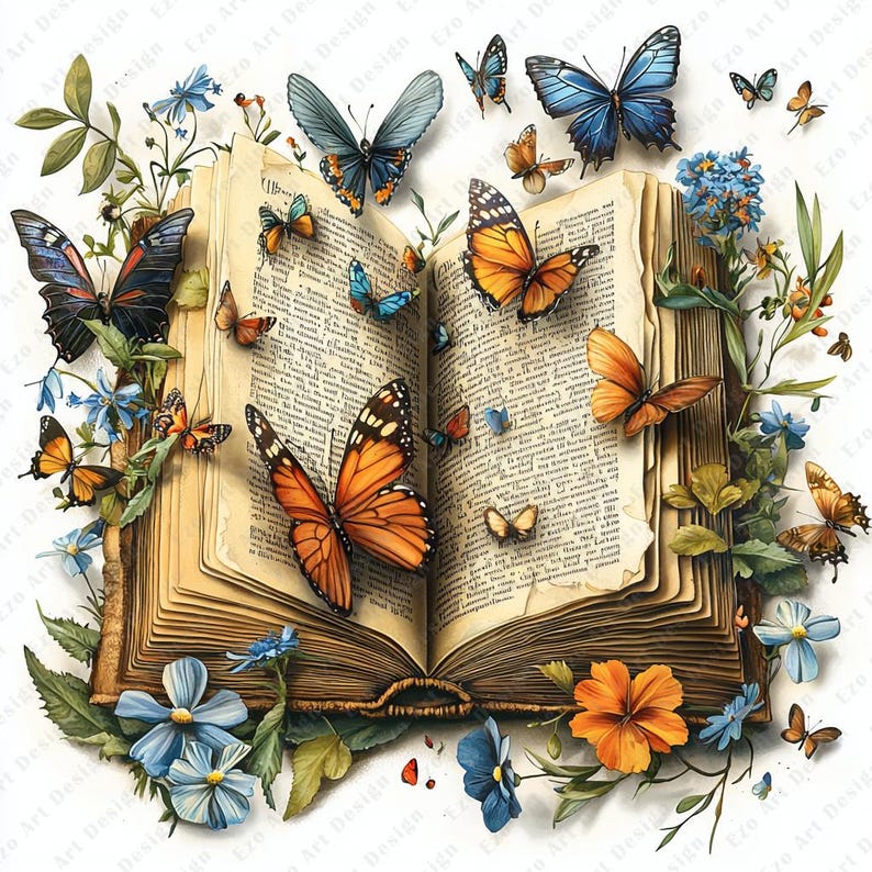 Floral Book Clipart, 10 High Quality JPG, Butterfly Book, Wildflowers ...