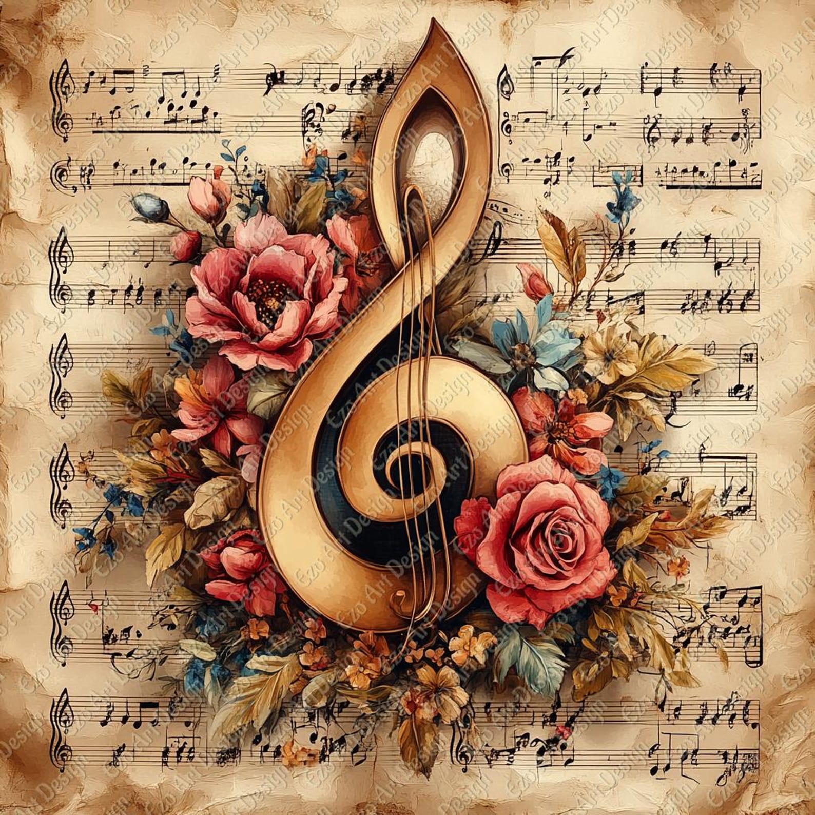 Vintage Floral Musical Notes Clipart, Melody Garden (digital Download ...
