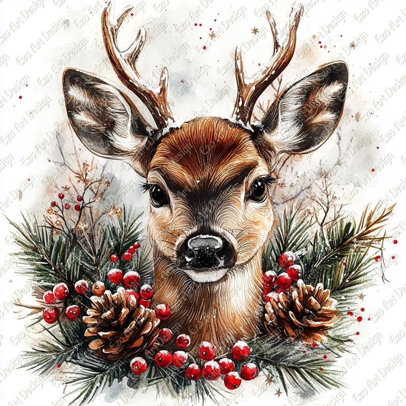 Baby Deer Christmas Clipart, Fawn Portrait With Antlers (JPG Digital ...