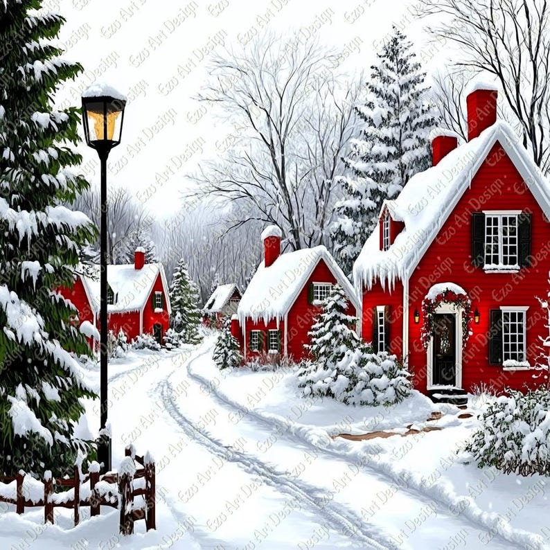Red Winter Village Clipart, Snowy Holiday Town, AI Art (digital ...