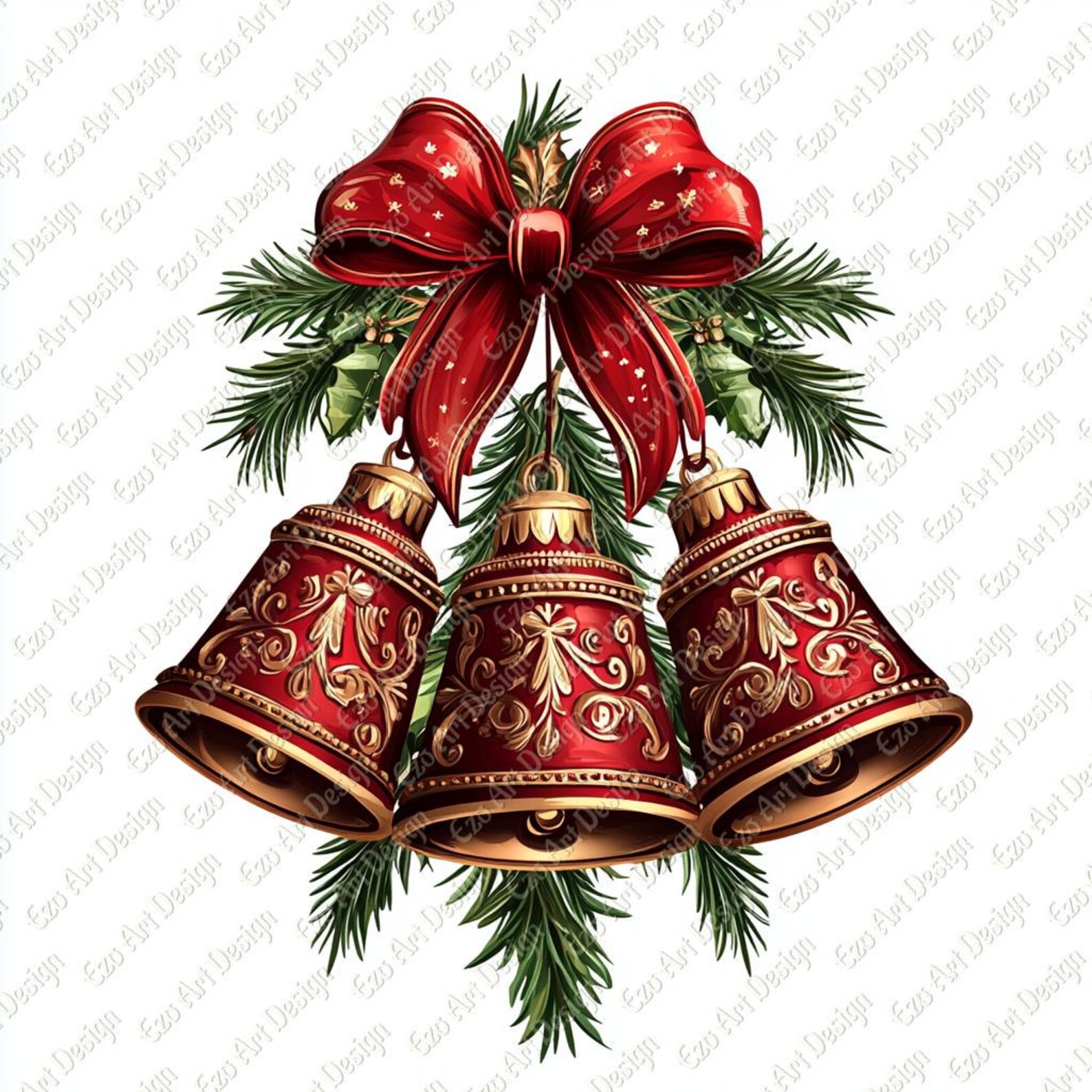 Red Christmas Bell Clipart, Golden Jingle Bells (digital Download) - Etsy