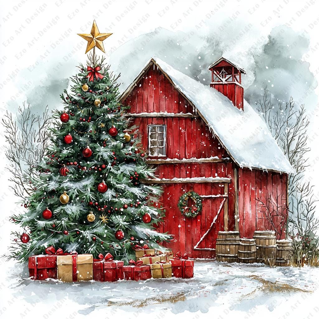 Christmas Farm Clipart, 10 High Quality JPG, Farmhouse, Christmas ...