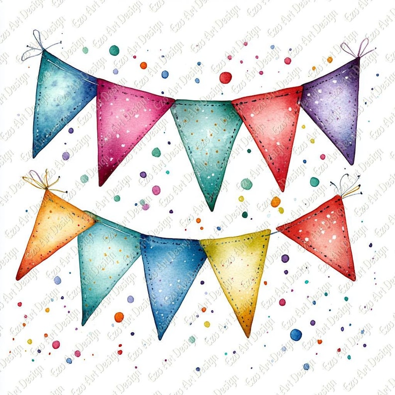 Pennant Flag Clipart, Watercolor Bunting Banner, Party Decoration ...