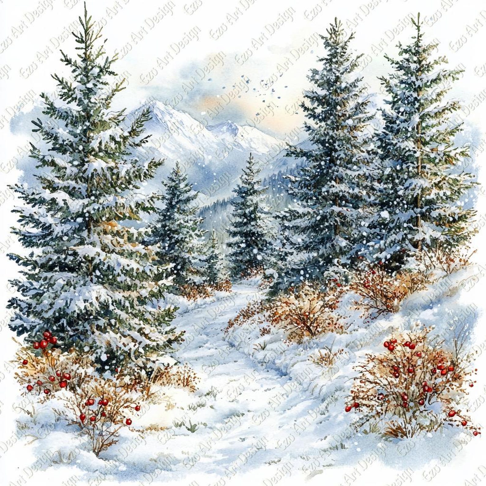 Winter Pine Forest Clipart, Snowy Trees, Frozen Landscape (digital ...