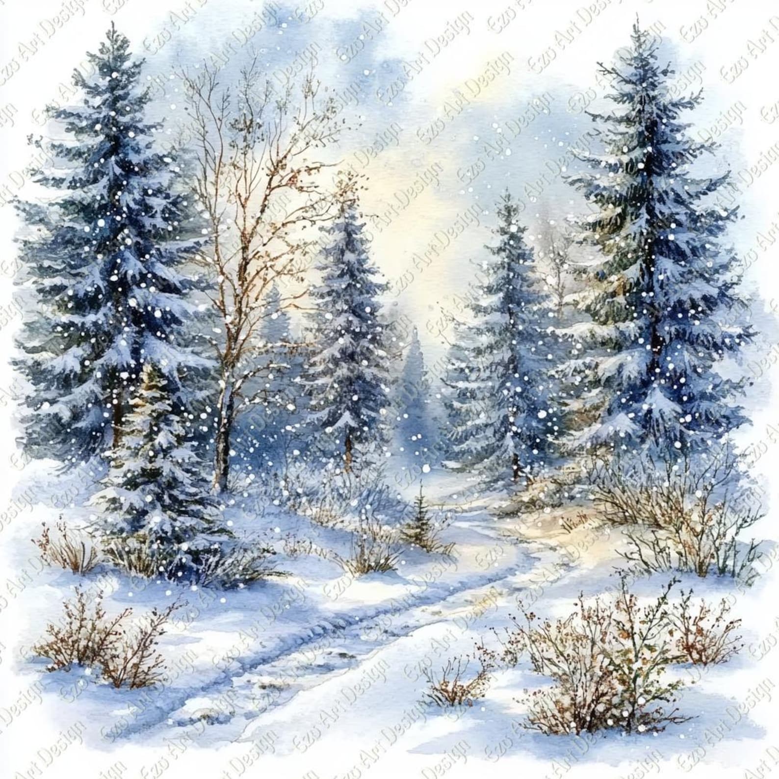Winter Pine Forest Clipart, Snowy Trees, Frozen Landscape (digital ...