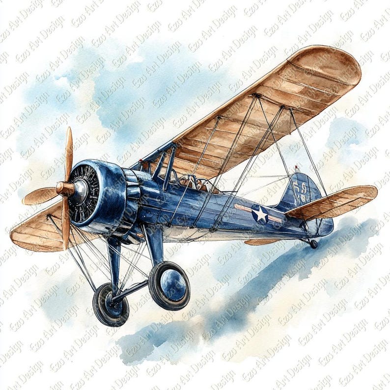 Watercolor Vintage Biplane Clipart, Retro Aviation Art (digital ...