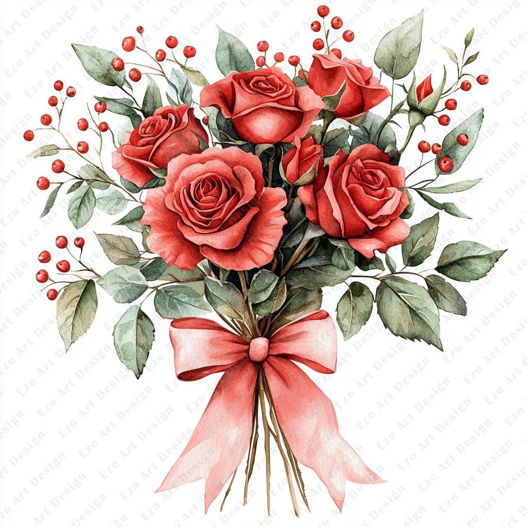 Red Roses Bouquet Clipart, Bridal Flowers, JPG (digital Download) - Etsy