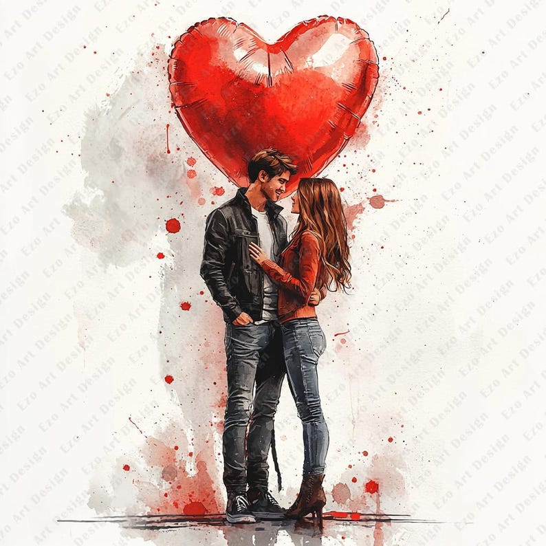 Romantic Couple Art Print, Valentine's Day JPG Clipart (digital ...