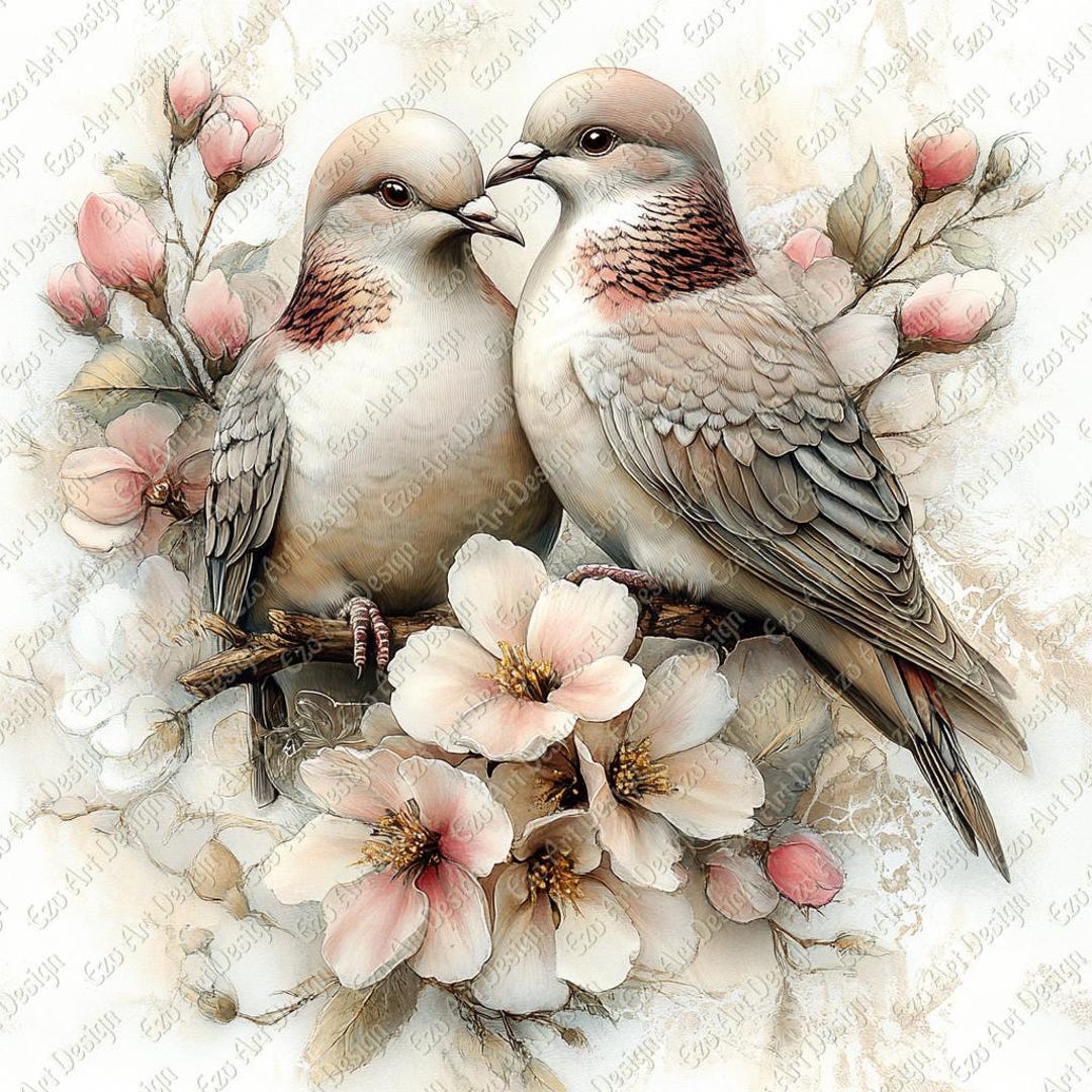 Floral Doves Clipart, Watercolor Birds on Branches (digital Download ...
