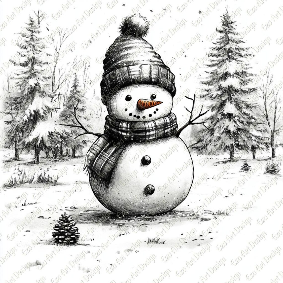 Sketch Snowman Clipart, Xmas Tree, Forest Scene (digital Download) - Etsy