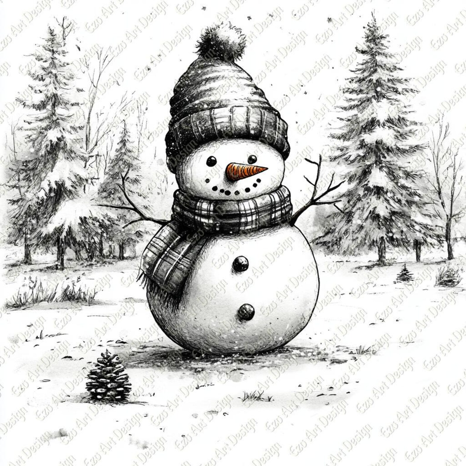 Sketch Snowman Clipart, Xmas Tree, Forest Scene (digital Download) - Etsy