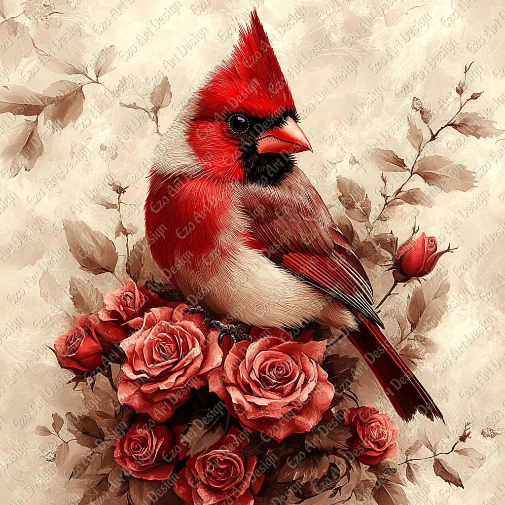 Cardinal and Roses Clipart, Elegant Bird JPG (digital Download, 10 Jpgs ...