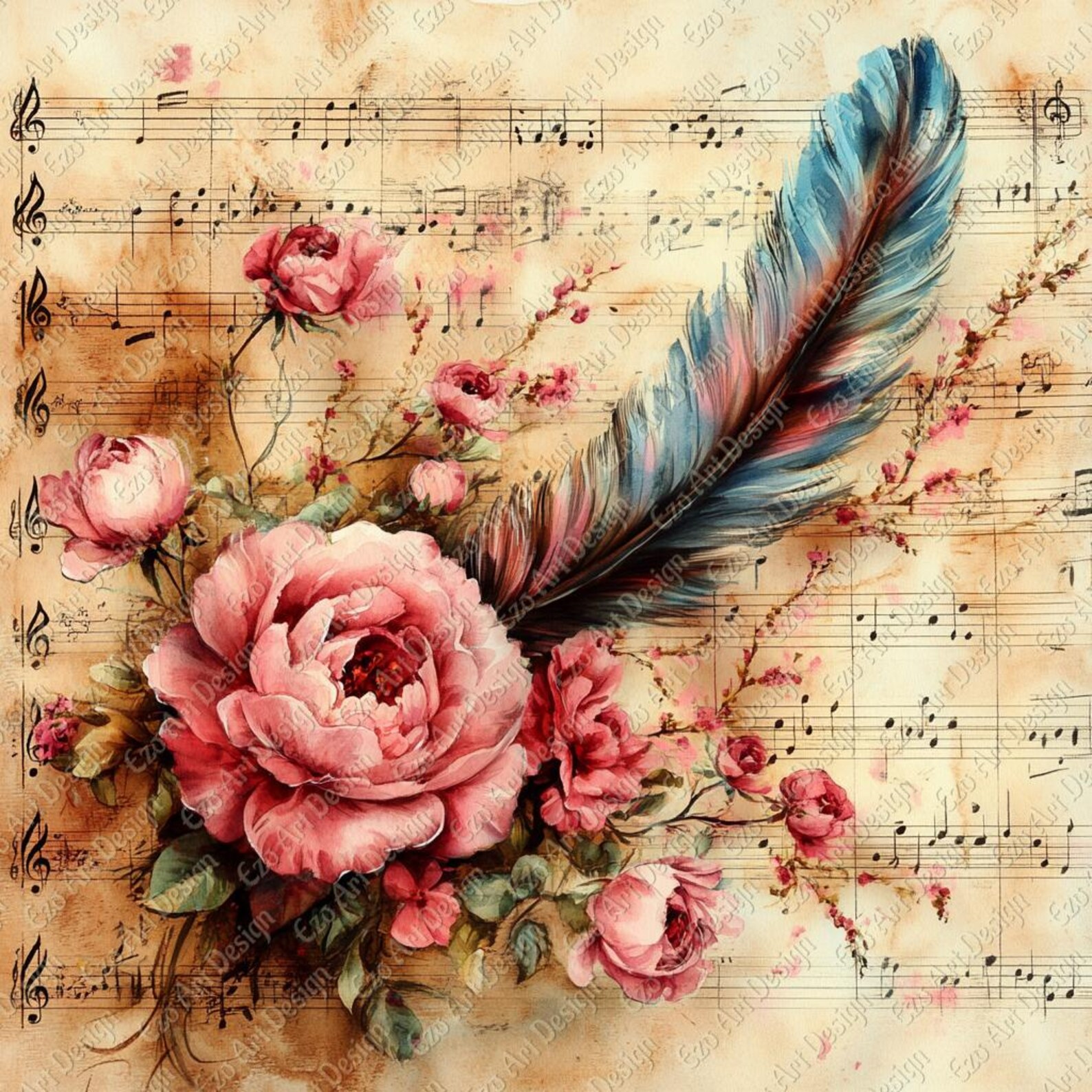 Vintage Floral Musical Notes Clipart, Melody Garden (digital Download ...