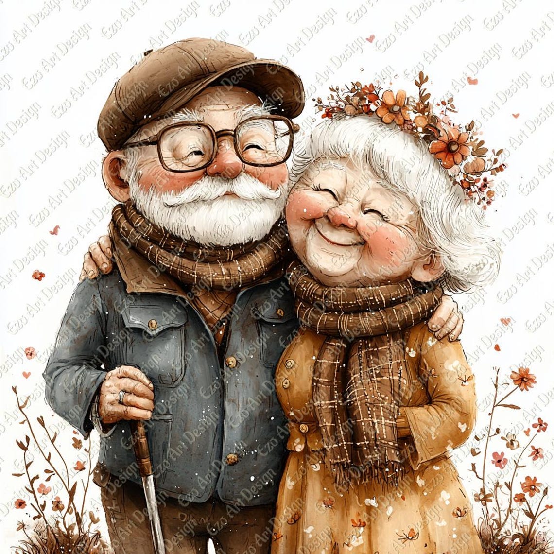 Romantic Grandma and Grandpa Clipart - Warm Senior Couple Art Digital ...