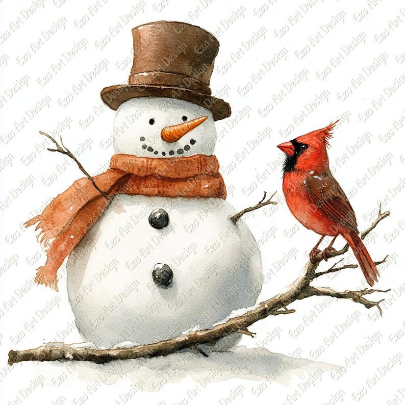 Watercolor Snowman and Cardinal Clipart, Winter Holiday Art (digital ...