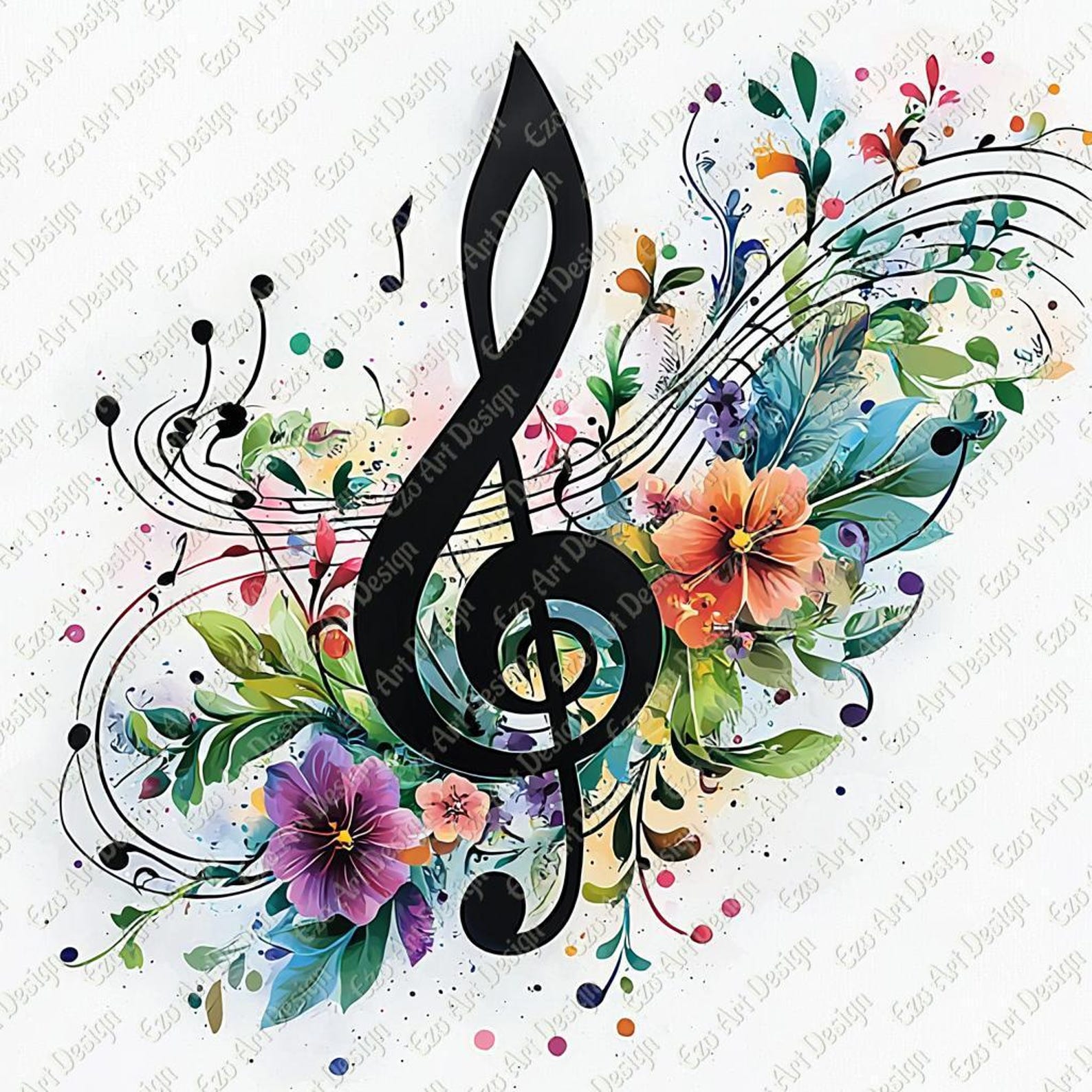 Floral Music Note Clipart, 10 High Quality JPG, Melody Symbol, Musical ...