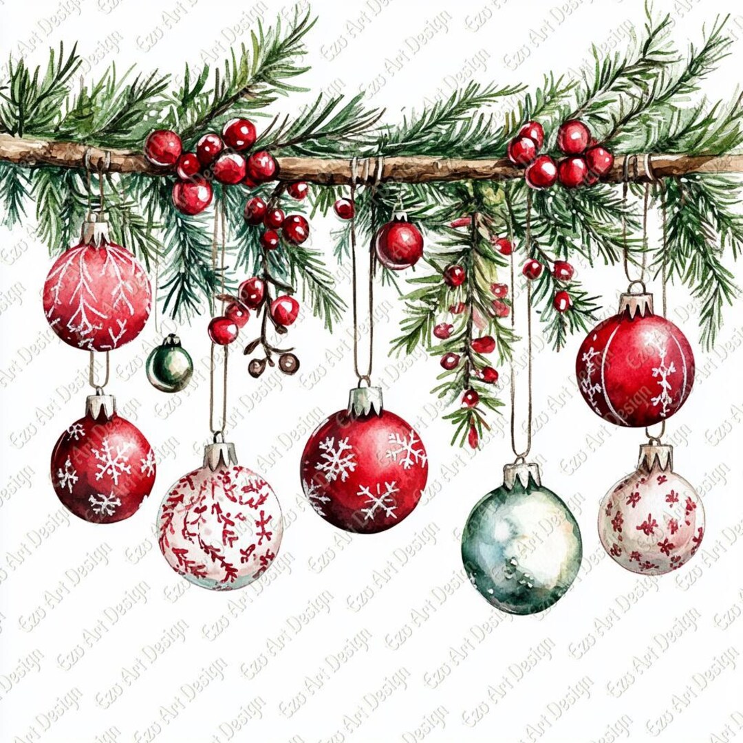 Watercolor Christmas Border Clipart, Festive Red Ornaments (digital ...