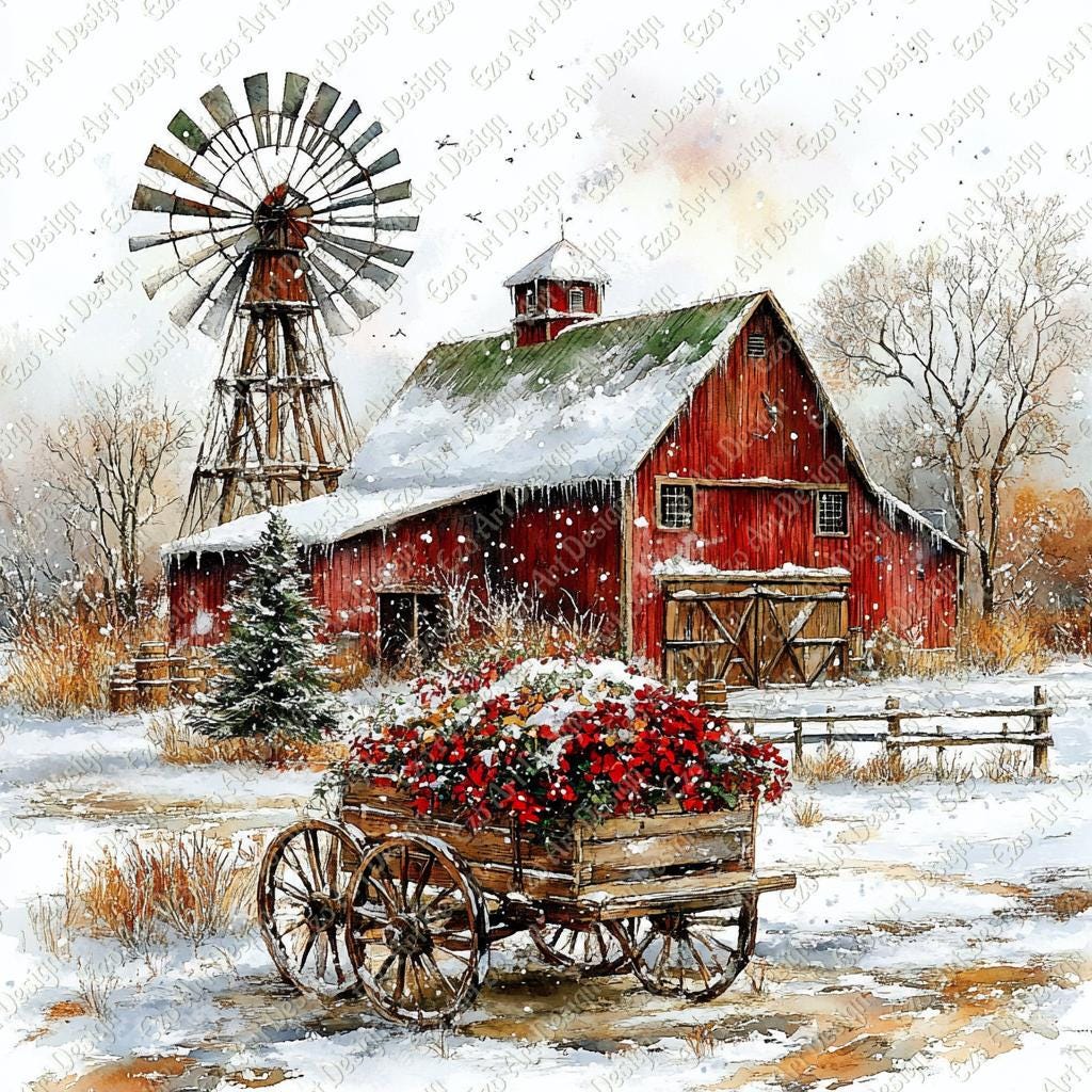 Christmas Farm Clipart, Winter Barn Scene (digital Download) - Etsy