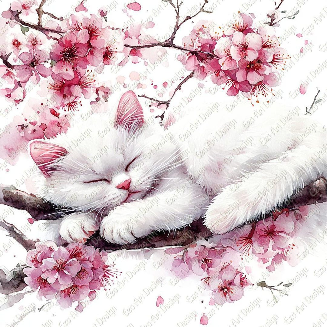 Cherry Blossom Cat Clipart, Watercolor Sleeping Kitten, Sakura Flowers ...