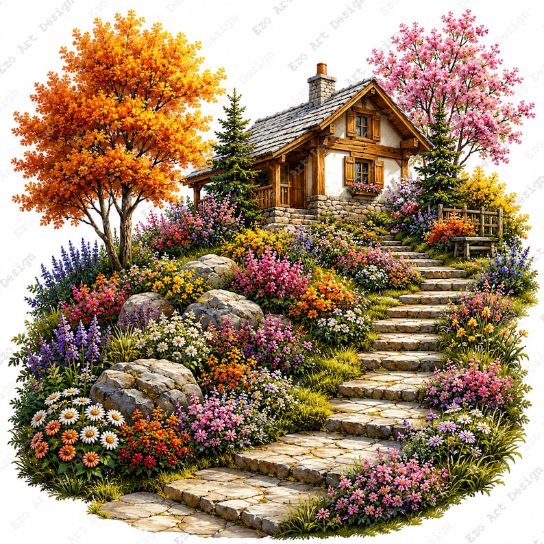 Spring Garden Landscape Clipart, Watercolor Floral Cottage Nature Art ...