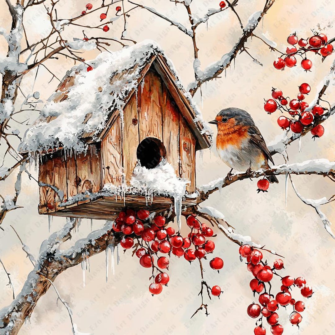 Tree Bird House Clipart, 10 High Quality JPG, Robin Bird, Winter Season ...