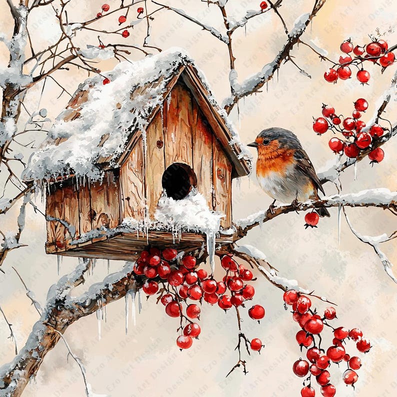 Tree Bird House Clipart, 10 High Quality JPG, Robin Bird, Winter Season ...