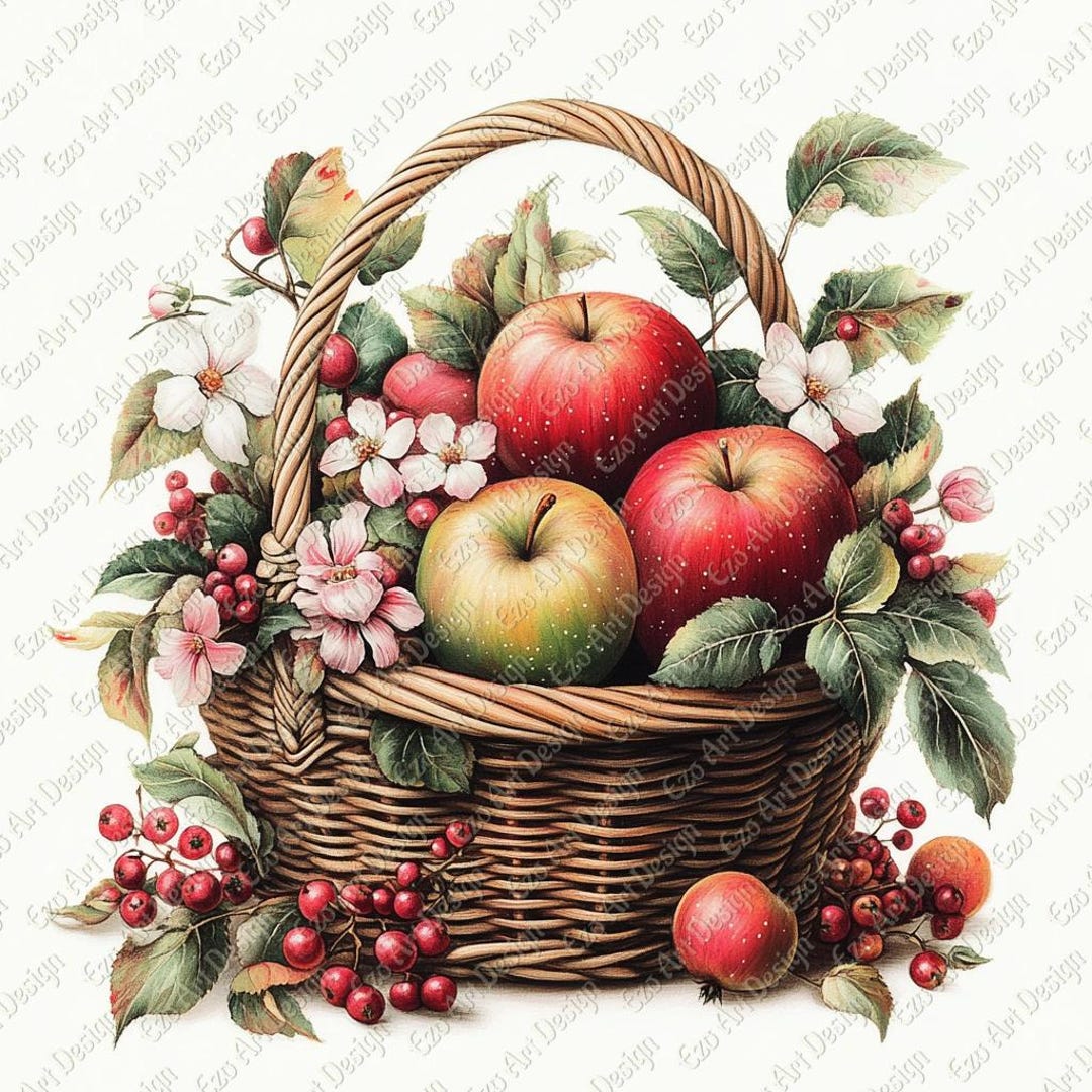 Apple Basket Clipart, Autumn Harvest, Floral Woven Basket (digital ...
