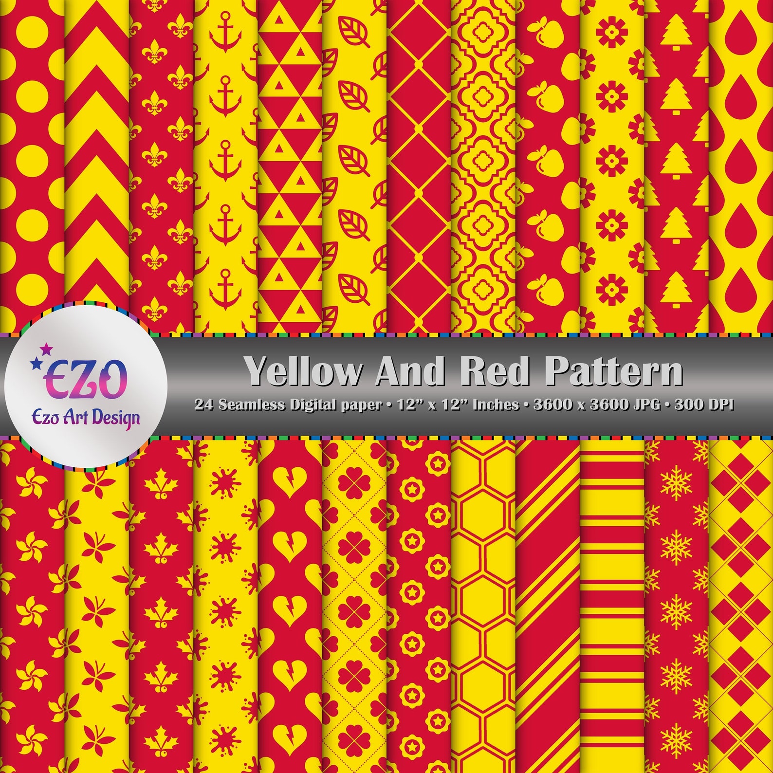 Yellow and Red Pattern Digital Paper Pack, 24 Paper, Scrapbook Paper ...