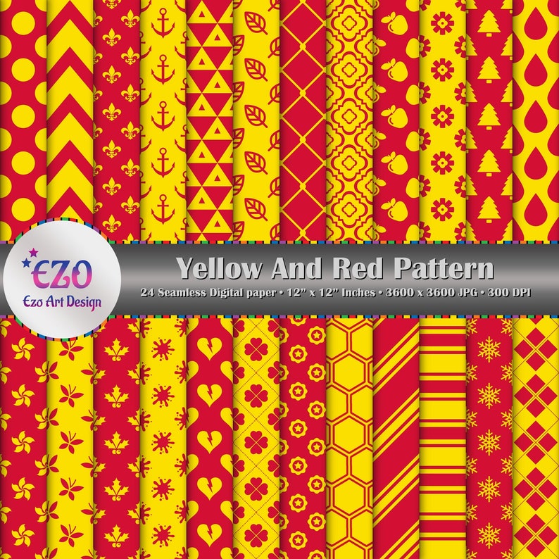 Yellow and Red Pattern Digital Paper Pack, 24 Paper, Scrapbook Paper ...
