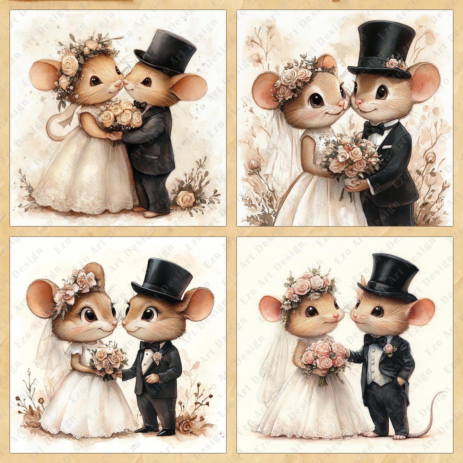 Mouse Wedding Clipart, 12 JPG, Digital Download, Printable Bride and ...