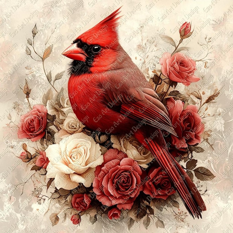 Cardinal and Roses Clipart, Elegant Bird JPG (digital Download, 10 Jpgs ...