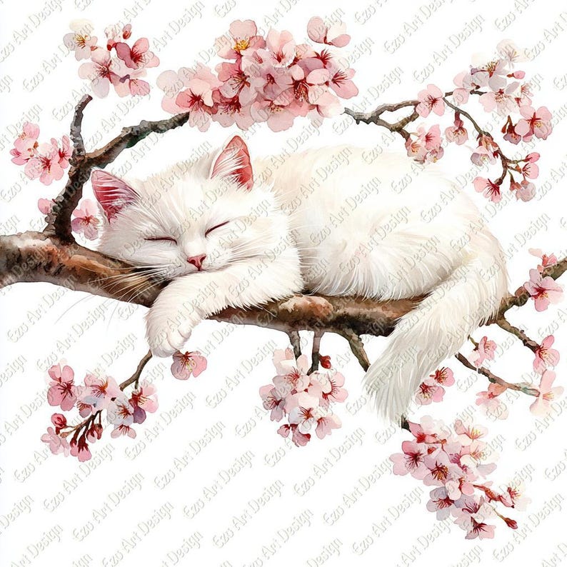 Cherry Blossom Cat Clipart, Watercolor Sleeping Kitten, Sakura Flowers ...