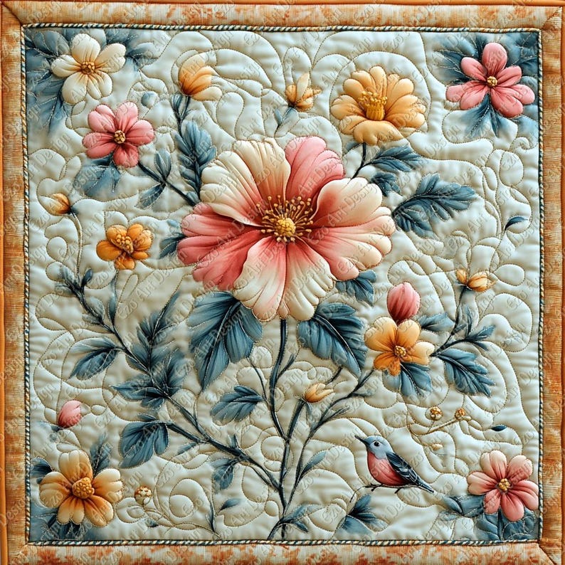 Floral Quilt Square Clipart, Embroidered Vintage Textile (digital ...