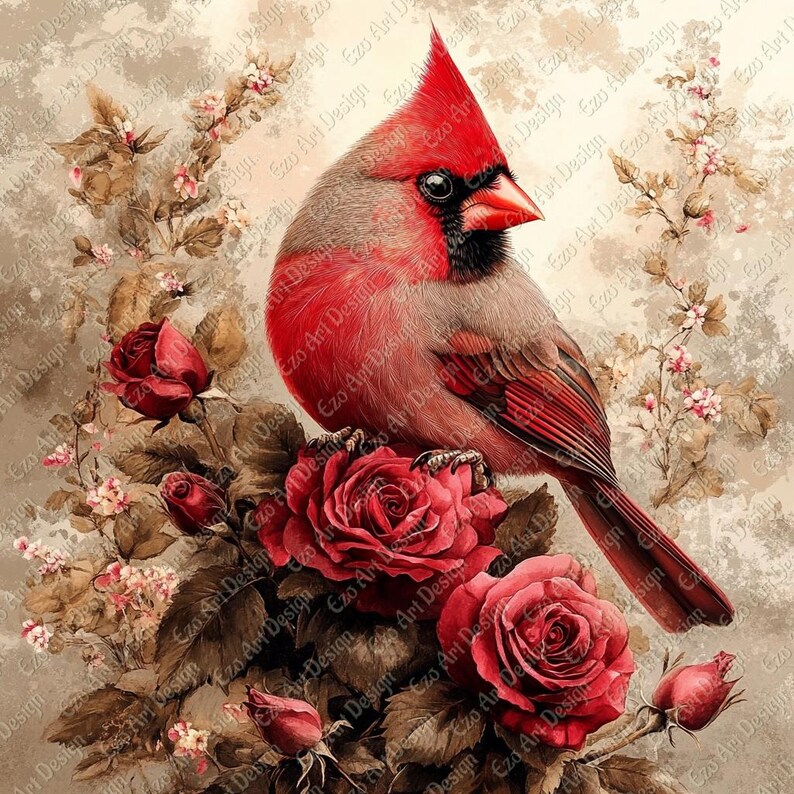 Cardinal and Roses Clipart, Elegant Bird JPG (digital Download, 10 Jpgs ...