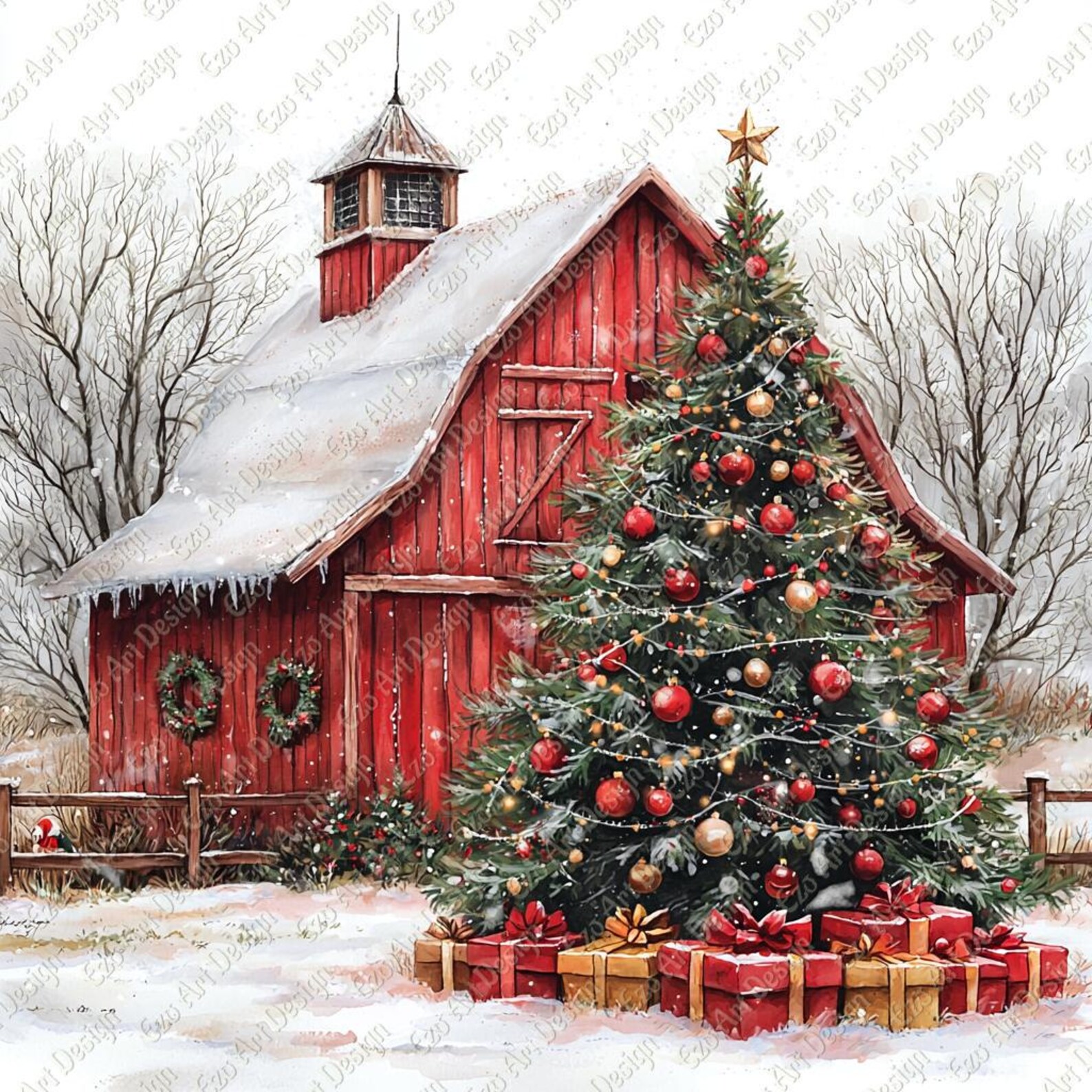 Christmas Farmhouse Clipart, Snowy Barn Scene (digital Download, 10 ...