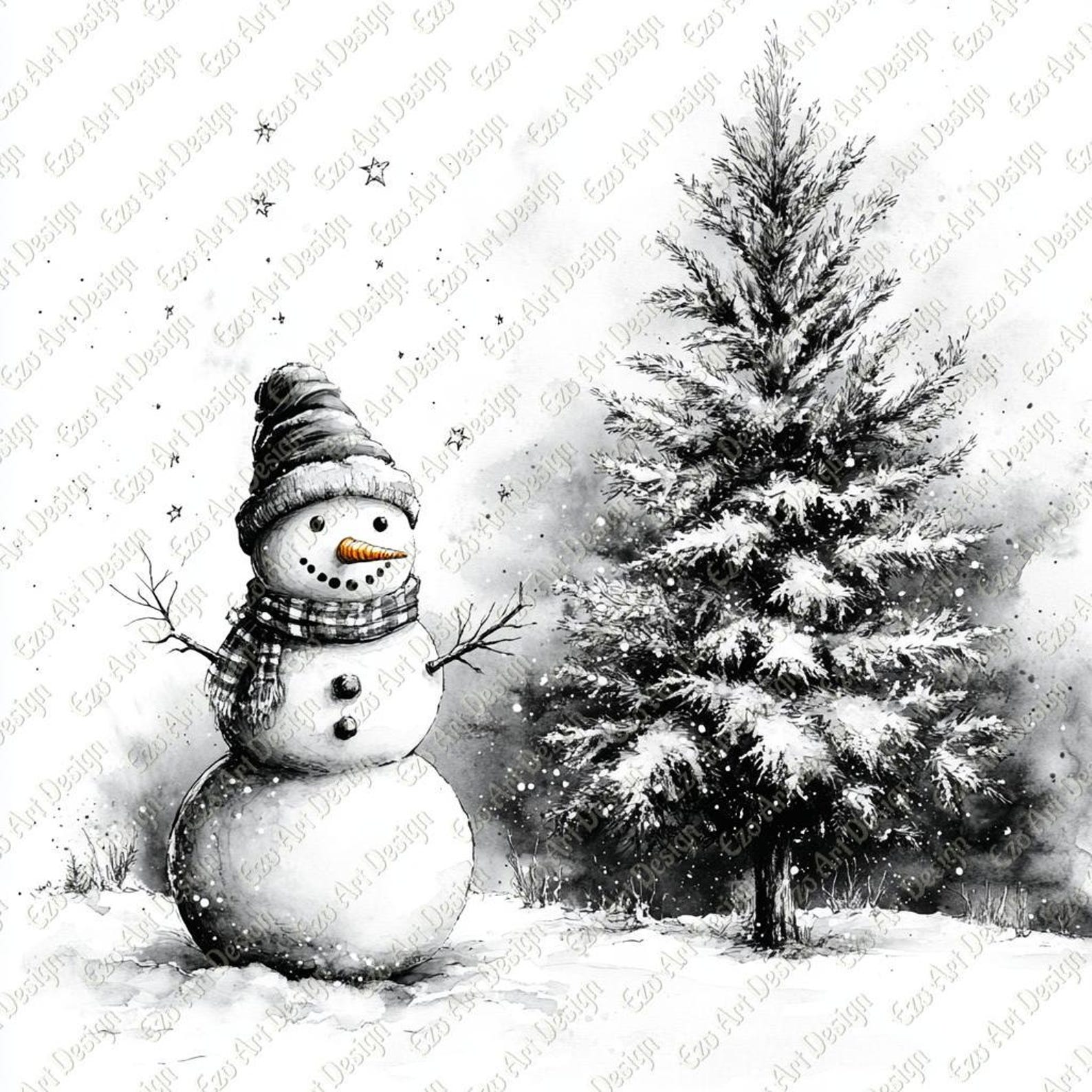 Sketch Snowman Clipart, Xmas Tree, Forest Scene (digital Download) - Etsy