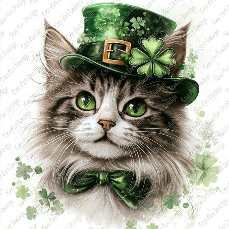 St Patrick's Day Cat Clipart, Irish Kitten Art, Lucky Shamrock (digital ...